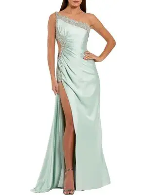 Mac Duggal One-shoulder Embellished Gown With Cut Out And Slit - Sage