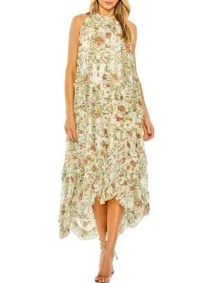 Mac Duggal Sleeveless High Neck Ruffle Floral Dress - Ivory Multi