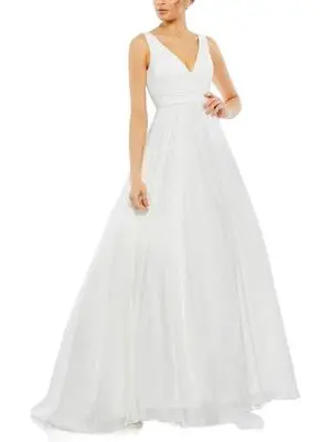 Mac Duggal Sleeveless V-neck Tulle Chiffon Ball Gown - White