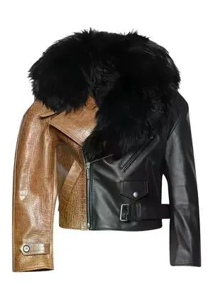 Marni Croc-effect Jacket With Fur Collar - Brown