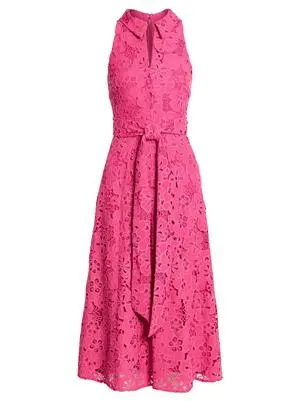 Badgley Mischka Guipure Lace Midi Shirt Dress - Fuchsia