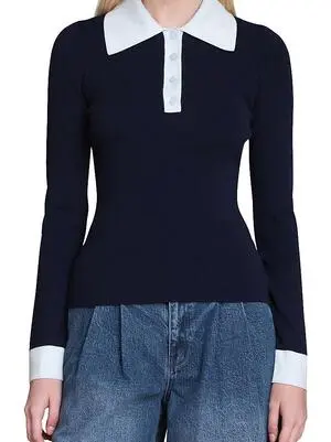 Avec Les Filles Long Sleeve Polo Shirt - Navy Colorblock