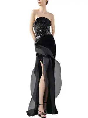 GABY CHARBACHY Sequin-embellished Strapless Gown - Black