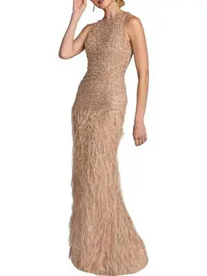 Mac Duggal Embellished Lace Feather Gown - Porcelain