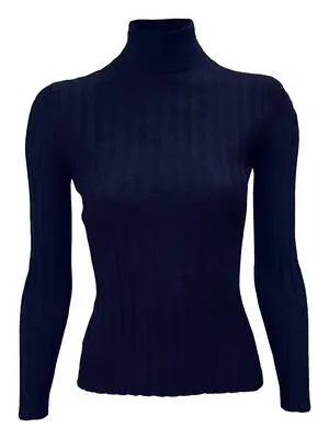 LA ROSE High Neck Cashmere-silk Knit Top - Blue Navy