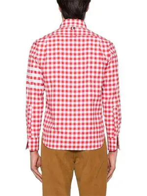 Thom Browne Rc Round Hem Zip Up Shirt W/ T Bar Puller In 4 Bar Gingham Check Flannel - Red
