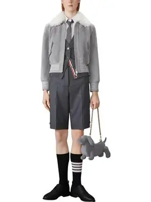 Thom Browne Cropped Flight Jacket With Shearling Collar - Med Grey