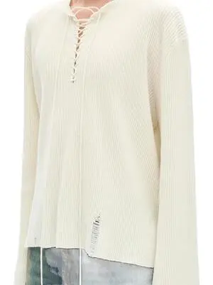ANN DEMEULEMEESTER Cropped Serafino Laced Up Sweater - Natural White