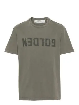 GOLDEN GOOSE Golden M's Regular T Shirt Distressed Cotton Jersey With Logo - Dusty Olive