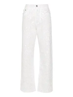 PAROSH Sequin Embellished Straight Jeans - Fantasia Panna