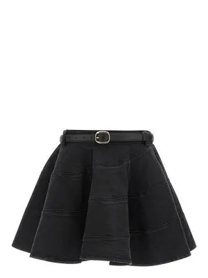 SELF-PORTRAIT Flared Denim Mini Skirt - Black