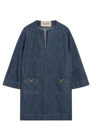 Valentino Garavani Denim Mini Dress With Gold Tone Details - Blue