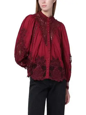 Farm Rio Berry Garden Guipure Lace Blouse - Burgundy