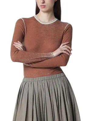 6397 Ribbed Knit Crewneck Sweater - Brown