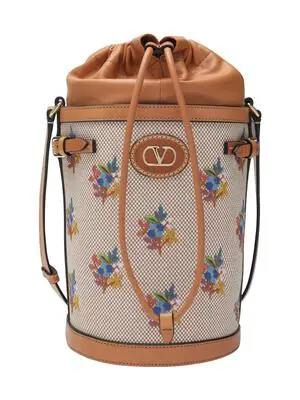 Valentino Garavani Canvas Bucket Bag With Floral Embroidery - Beige