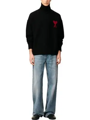 Ami Heart Motif Funnel Neck Knit Pullover - Noir/rouge