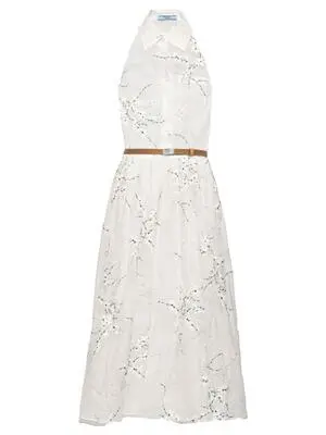 Prada Floral Embroidered Silk Organza Midi Dress - Bianco