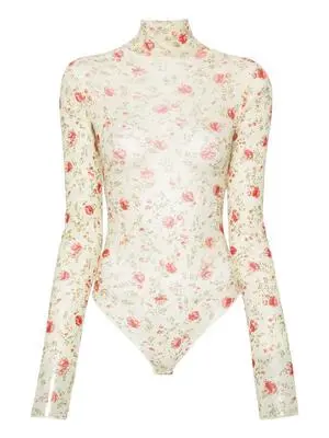 Prada Floral Print Mesh Bodysuit - Rosso