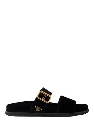Prada Triangle Logo Velvet Slides - Nero