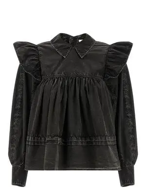 GANNI Washed Frill Blouse - Black