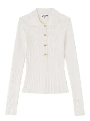 GANNI Ribbed Polo Shirt - Ivory