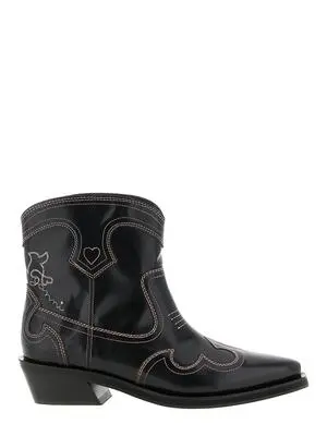 GANNI Low Shaft Embroidered Western Ankle Boots - Black