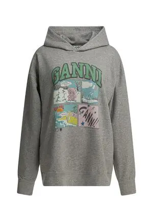 GANNI Cotton Hoodie With Bear Graphic - Grey