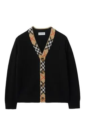 Burberry Wool Cardigan With Check Motif Trims - Black