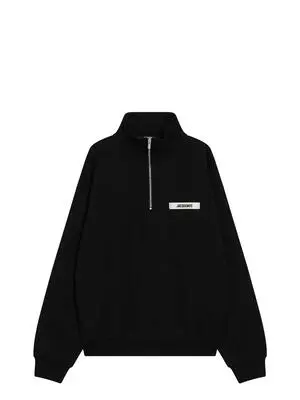Jacquemus Zip Neck Cotton Fleece Sweatshirt With Gros Grain Logo - Black