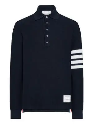 Thom Browne Long Sleeve Polo In Textured Pique W/ Eng Bar - Navy