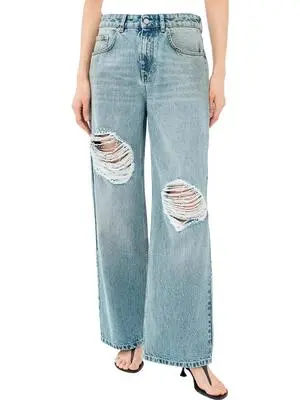 AREA Crystal Fray Relaxed Jeans - Medium Blue