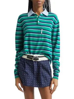 HOMMEGIRLS Stripe Wool & Cashmere Polo Sweater - Green Stripe