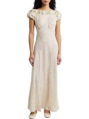 DÔEN Emerence Ruffle Print Silk Blend Maxi Dress - Creme Protia Dot
