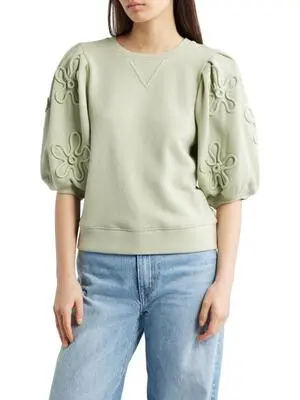 Rails Floral Puff Sleeve Cotton Sweatshirt - Vintage Sage