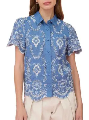 ZOE AND CLAIRE Embroidered Eyelet Cotton Button-up Top - Blue