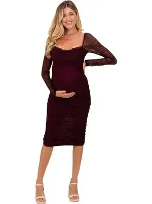 PINKBLUSH Ruched Lace Sleeve Midi Dress - Burgundy