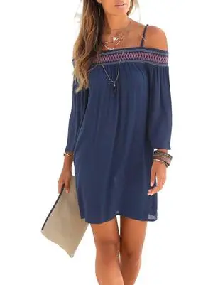 LASCANA Embroidered Cold Shoulder Dress - Navy