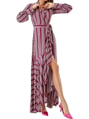 LE FAFO Striped Maxi Wrap Dress - Striped Pink