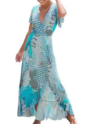 LASCANA Printed Side Slit Maxi Dress - Blue Multi