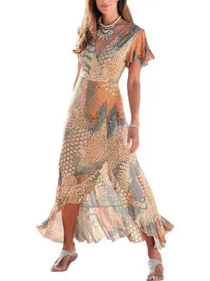 LASCANA Printed Side Slit Maxi Dress - Orange Multi
