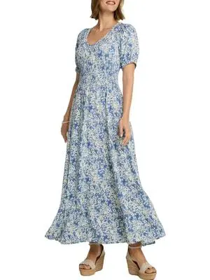 LASCANA Floral Puff Sleeve Maxi Dress - Navy Printed