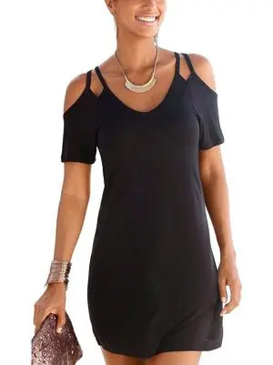 LASCANA Cold Shoulder Jersey Knit Dress Black
