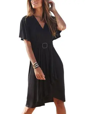 LASCANA LASCANA Belted Asymmetrical Dress With Decorative Buckle Black