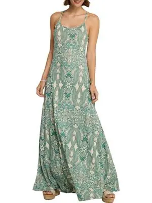 LASCANA Crossed Strap Maxi Dress - Green Patterned