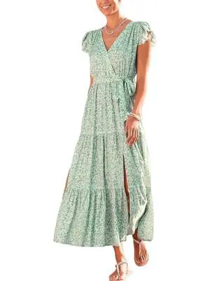 LASCANA Flutter Sleeve Maxi Dress - Green Patterned