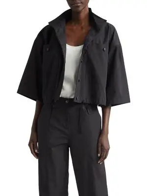 Lafayette 148 New York Oversize Cotton Poplin Crop Shirt Jacket - Black