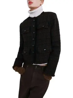 Mango Pocket Tweed Jacket - Chocolate