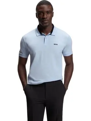 BOSS Stripe-trim Polo Shirt In Stretch Cotton - Light Blue