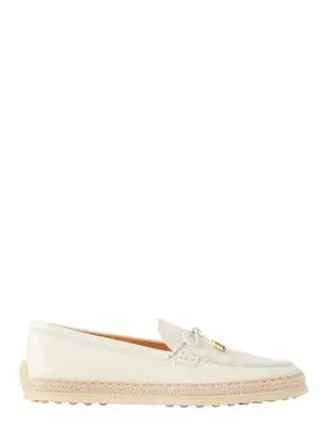 TOD'S Raffia-trimmed Bow Loafers - Off-white