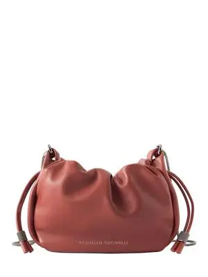 Brunello Cucinelli Mellow Mini Bead-Embellished Leather Bucket Bag Brick